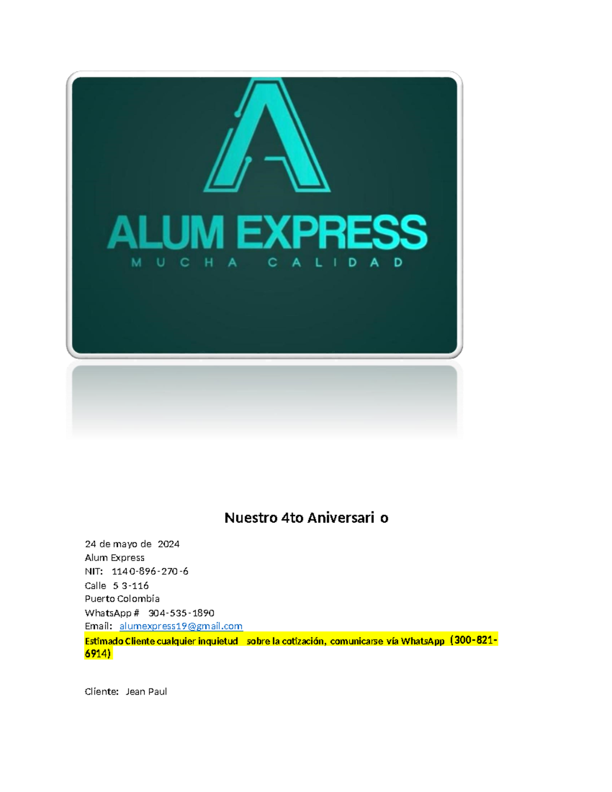 Presupuesto Aluminio - sdcsdc - Nuestro 4to Aniversari o 24 de mayo de ...