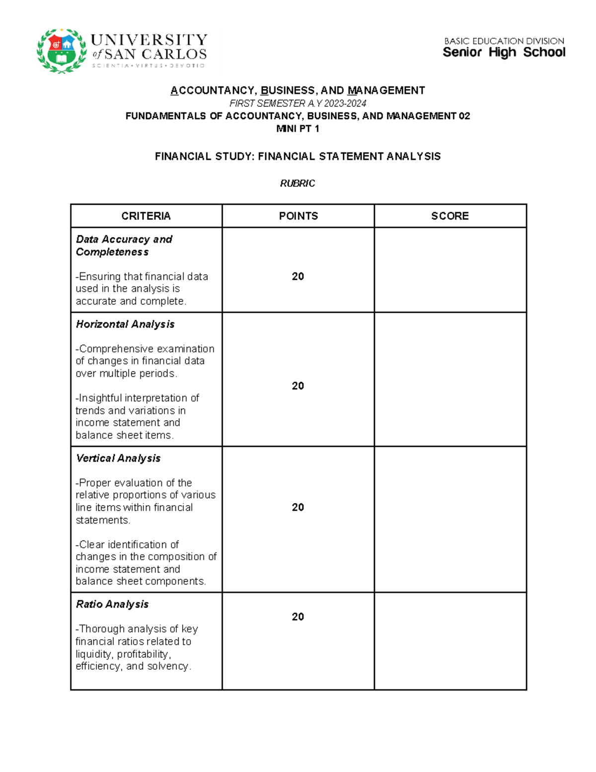 FABM 2 Mini PT 1 Financial Statement Analysis Financial Study ...