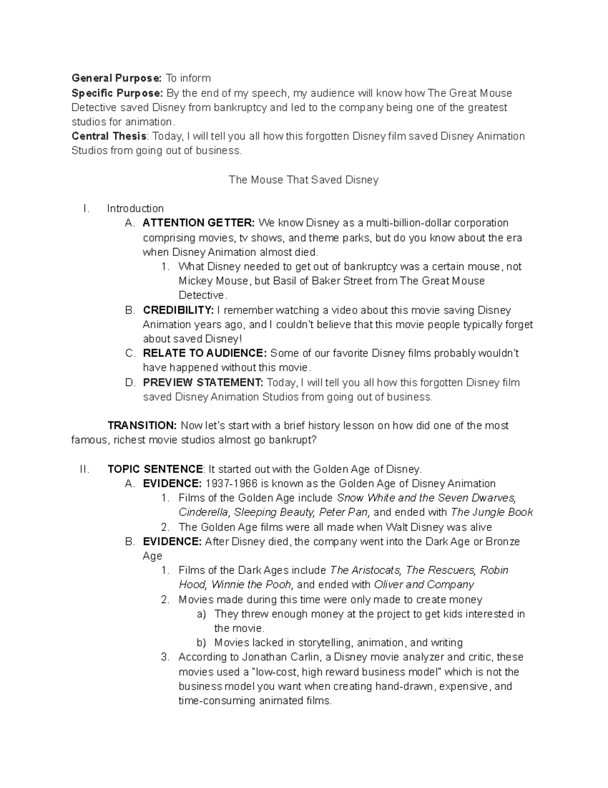 COMM 101 Individual Speech Out;ine - General Purpose: To inform ...