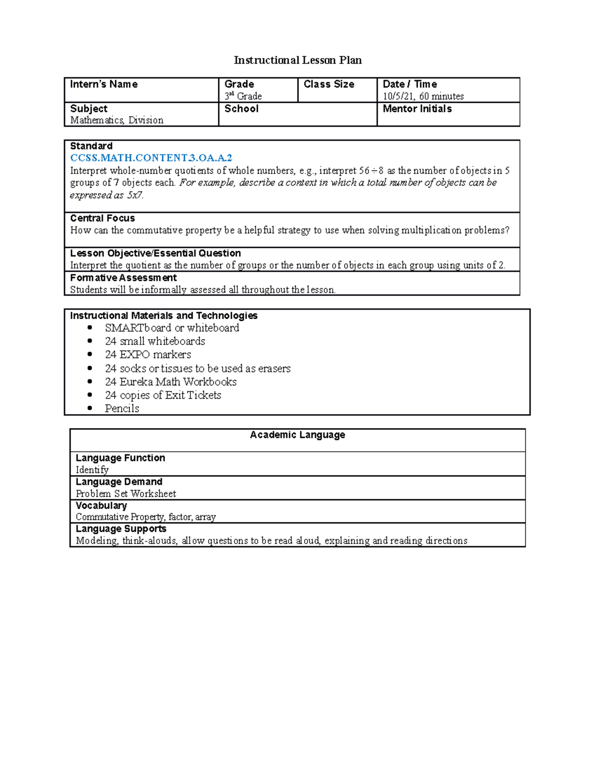 Commutative Property Lesson Plan - Instructional Lesson Plan Intern’s ...