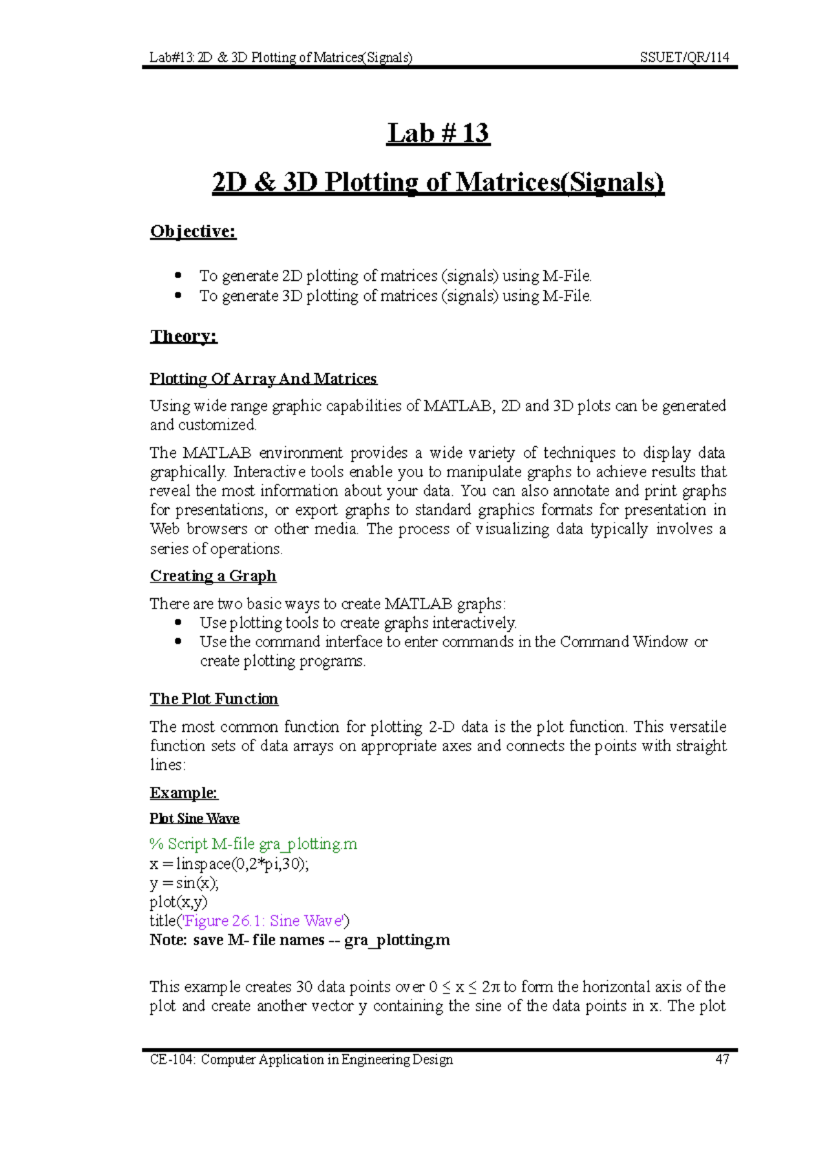 Lab13 - Lab#13:2D & 3D Plotting of Matrices(Signals) SSUET/QR/ Lab # 13 ...