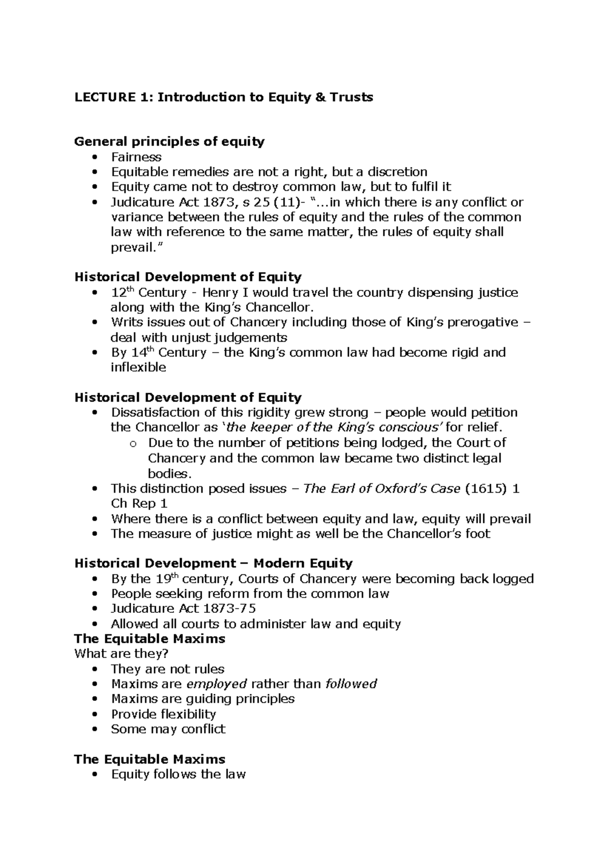 Lecture 1 - LECTURE 1: Introduction to Equity & Trusts General ...