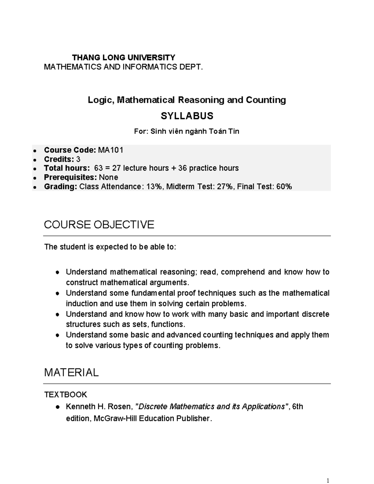 Syllabus MA101 Toan Tin 2122 new - THANG LONG UNIVERSITY MATHEMATICS ...