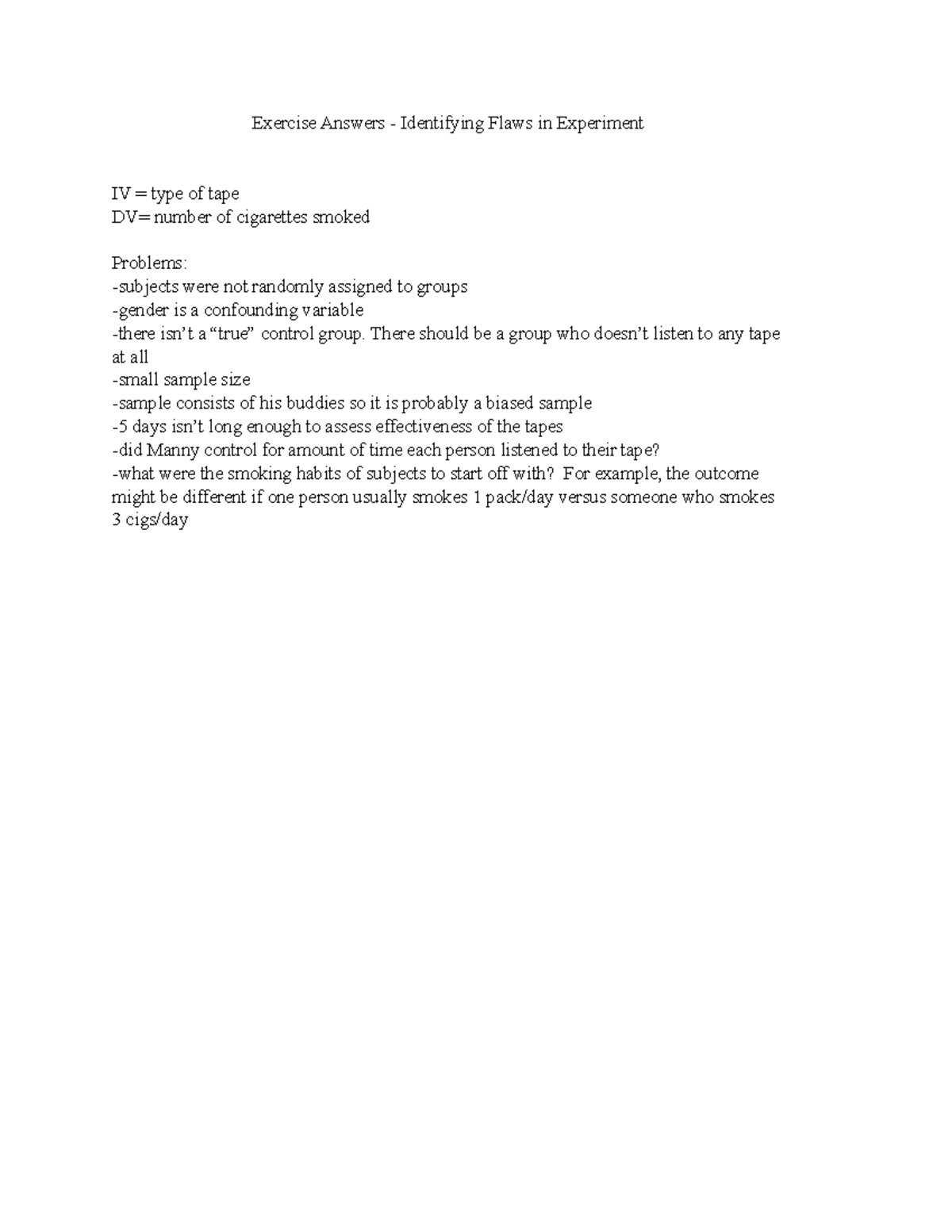 Exercise Answers - Identifying Flaws in Experiment - psyc2010 - Yorku ...