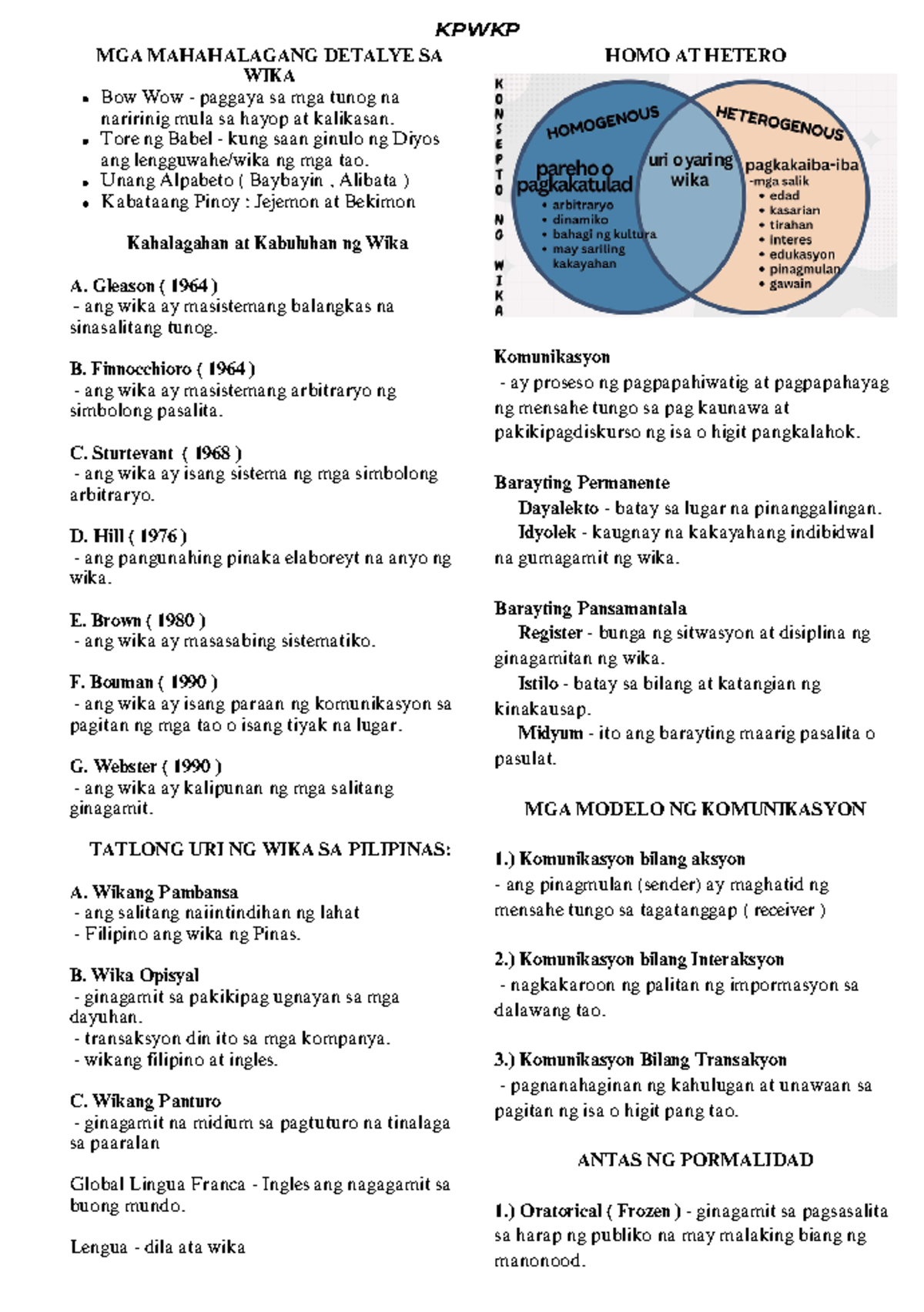 Kpwkp Reviewer ( 1st Quarter ) - KPWKP MGA MAHAHALAGANG DETALYE SA WIKA ...