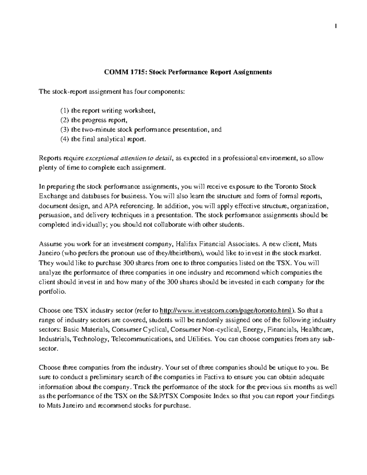 W23 Stock Performance Report Assignments - COMM 1715: Stock Performance ...