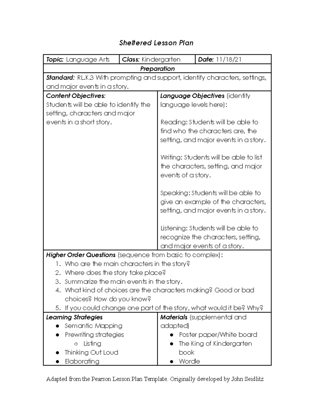 Identifying Characters Settings and Events in a Story - Kindergarten ...