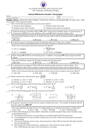 Answer Sheet Genmath 1ST Quarter EXAM 1 - Secondary Education ...