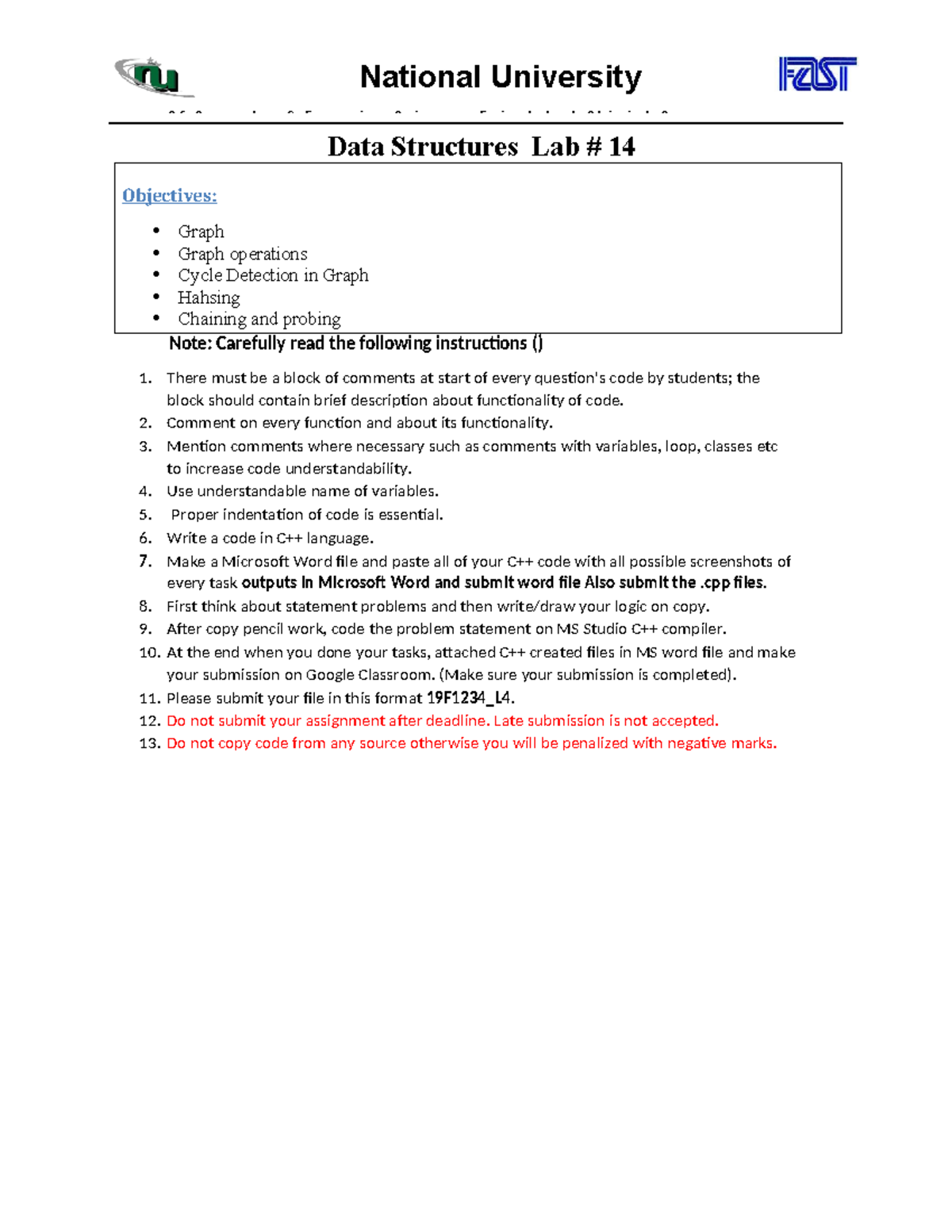 Data Structures Lab 14 No Descrition Required Objectives • Graph • Graph Operations • Cycle 