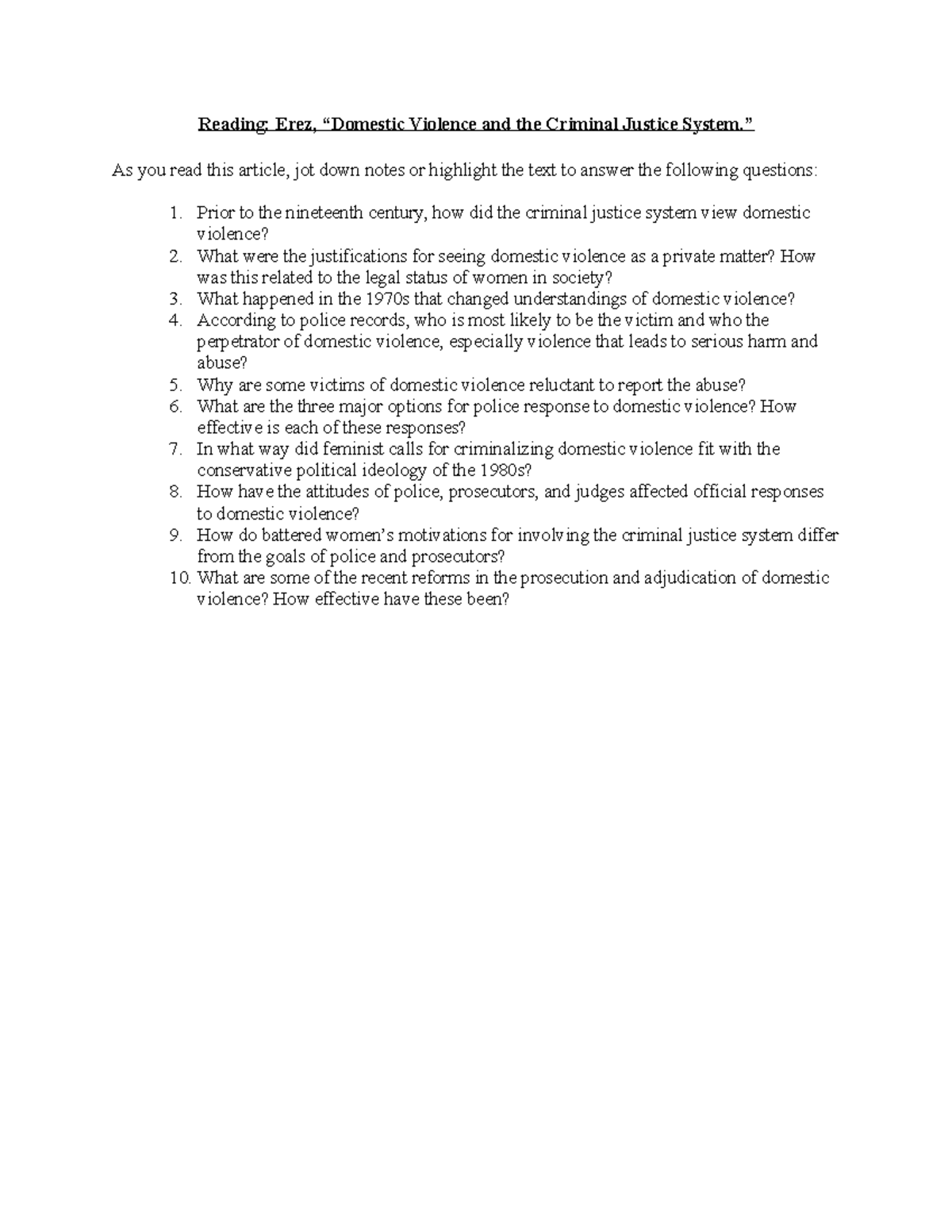 Erez, Domestic Violence and the Criminal Justice System [ Questions ...