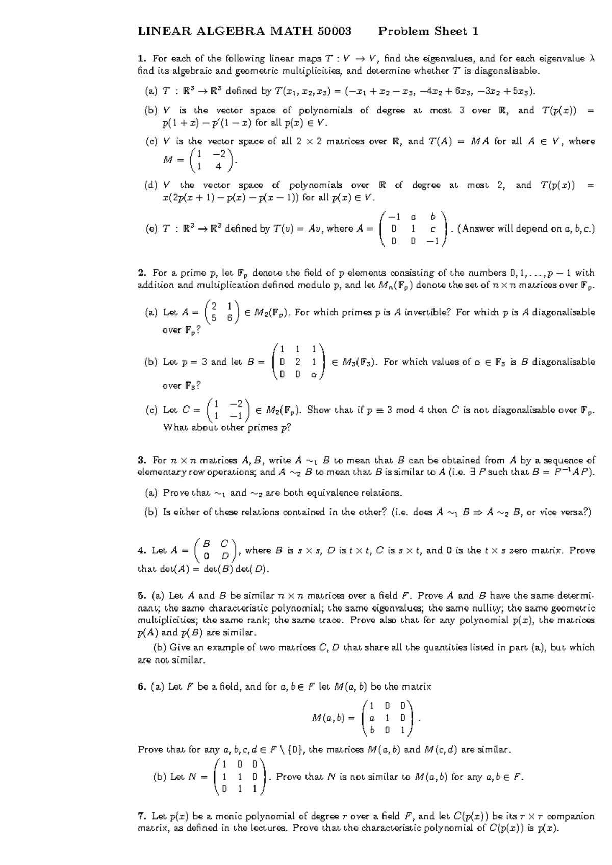 Linear alg 2022 sh1 - Practice - LINEAR ALGEBRA MATH 50003 Problem Sheet 1 For each of the ...