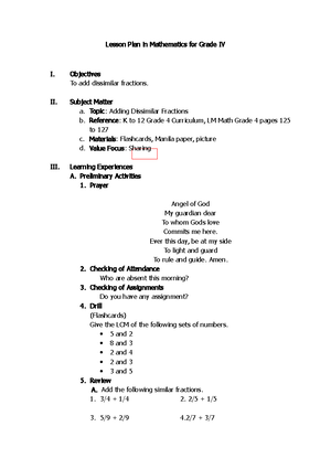 Lesson Plan in Mathematics for Grade 4 - Objectives To add dissimilar ...