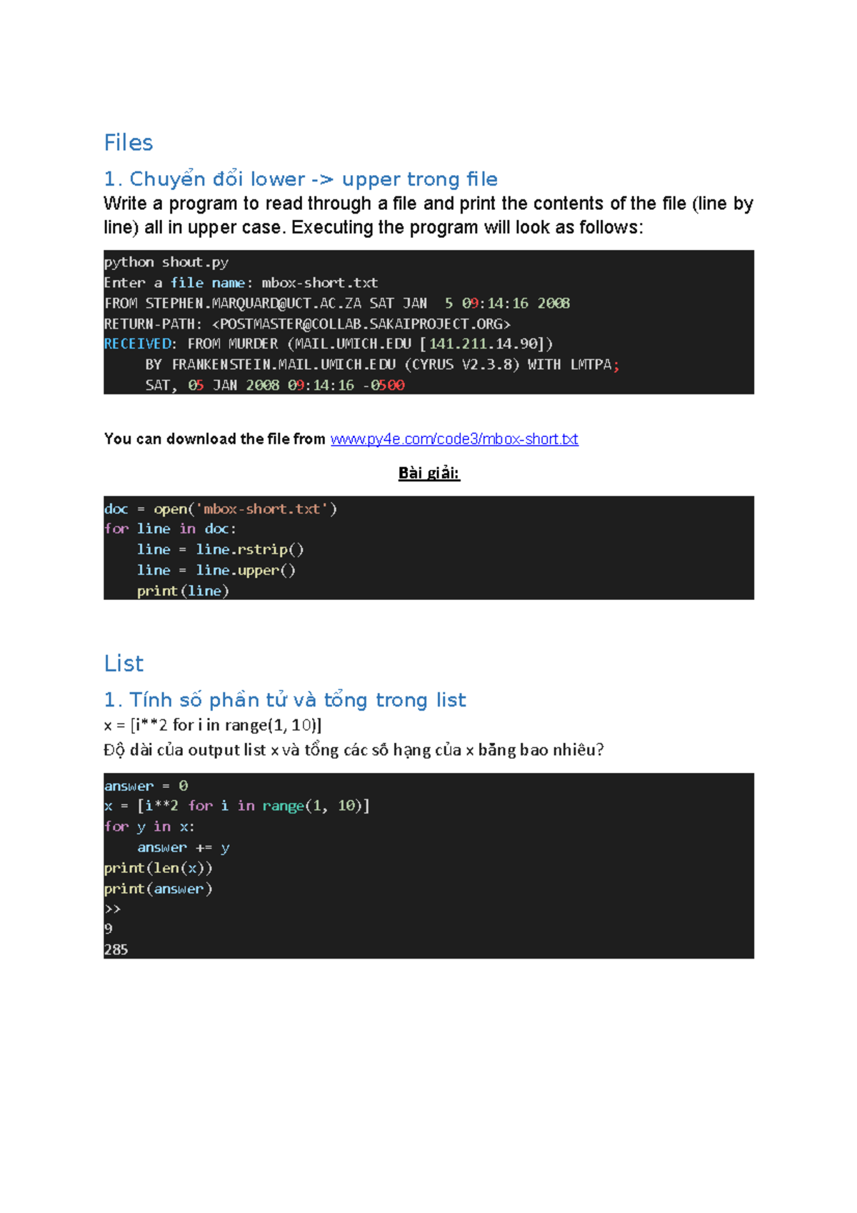 Bai tap Chuyen de - Practices for Summaries for Python Fundamentals - Files 1. Chuyển đổi lower ...