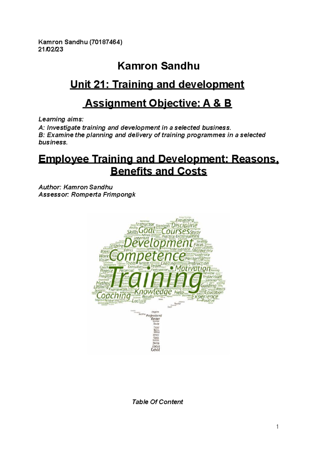 Unit 21 Training and Development LO AB - Kamron Sandhu (70187464) 21/02 ...