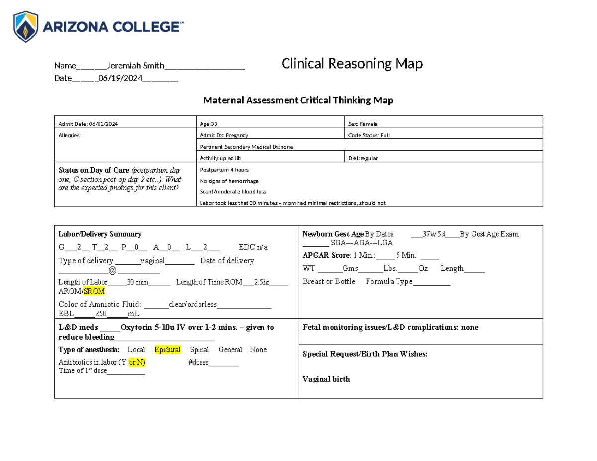 Critical Thinking Map Maternal Assessment Rev. 02 - Date______06/19/ ...