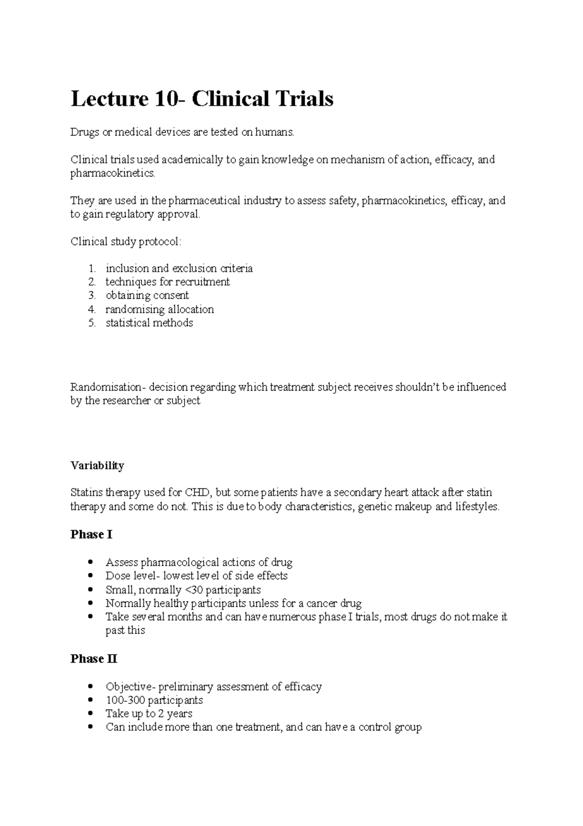 Lecture 10 Clinical trials - Lecture 10- Clinical Trials Drugs or ...