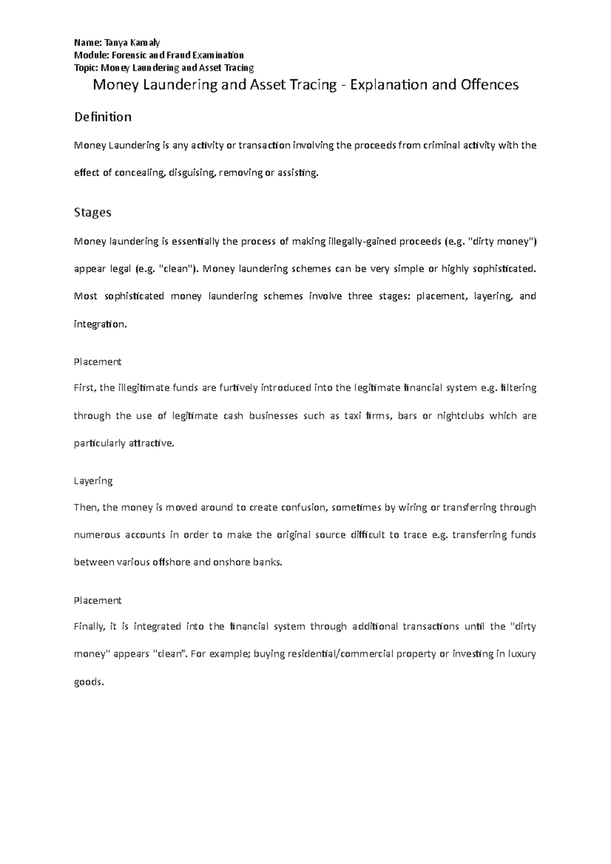 Money Laundering and Asset Tracing - Explanation and Offences - Name ...