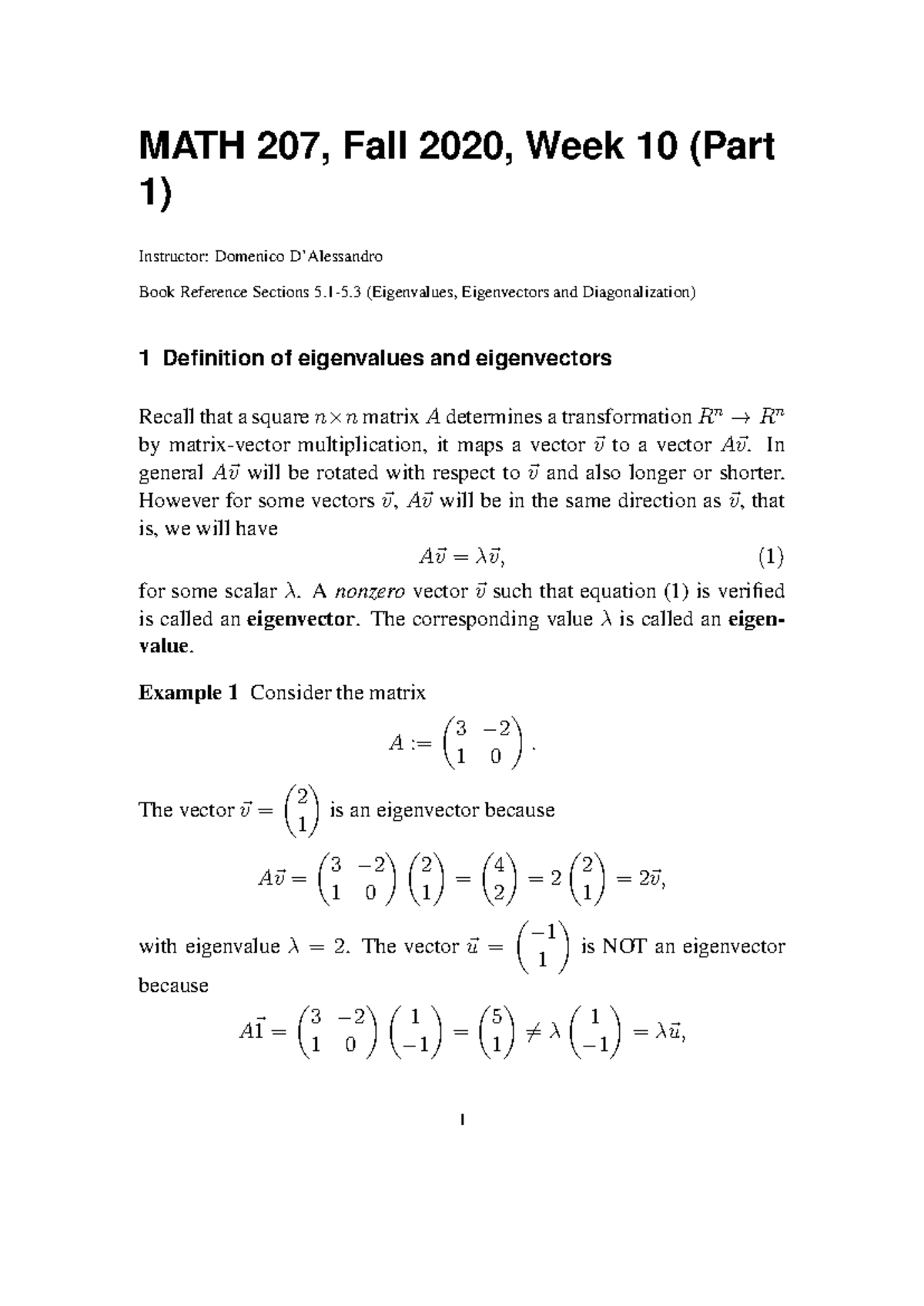 W10-1 - week 10 notes part 1 - MATH 207, Fall 2020, Week 10 (Part 1 ...