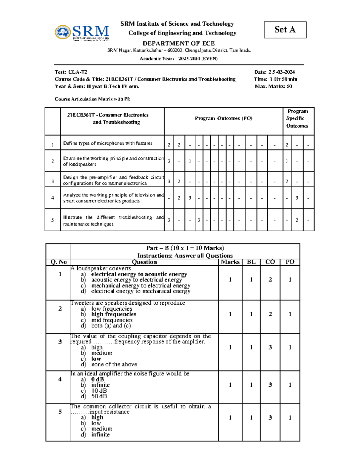 Ct2 A Ans Key 1 Ewwtwe4t Srm Institute Of Science And Technology College Of Engineering And