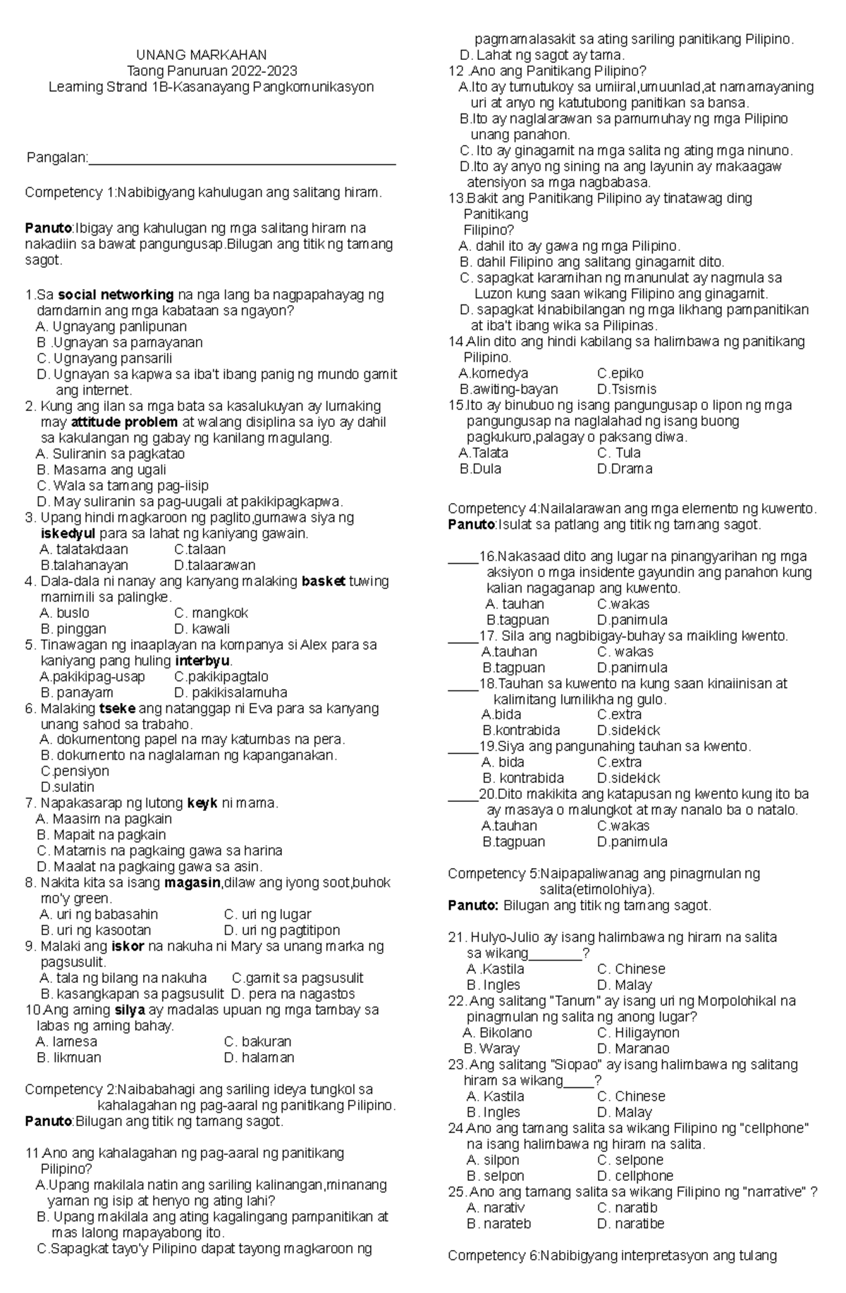 Q1 JHS Filipino - dwqerdcfy56tby - UNANG MARKAHAN Taong Panuruan 2022 ...
