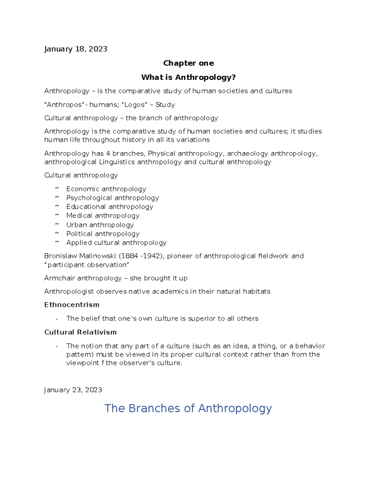 CA notes - January 18, 2023 Chapter one What is Anthropology ...