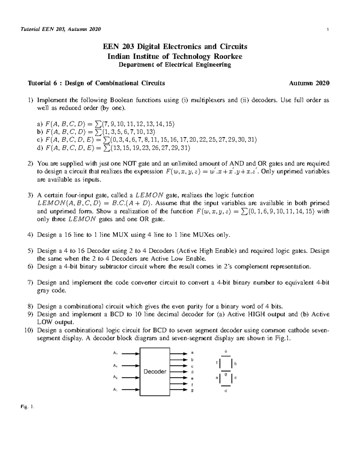 TEEN 203 2K20 TUT6 - Tut - Tutorial EEN 203, Autumn 2020 1 EEN 203 ...