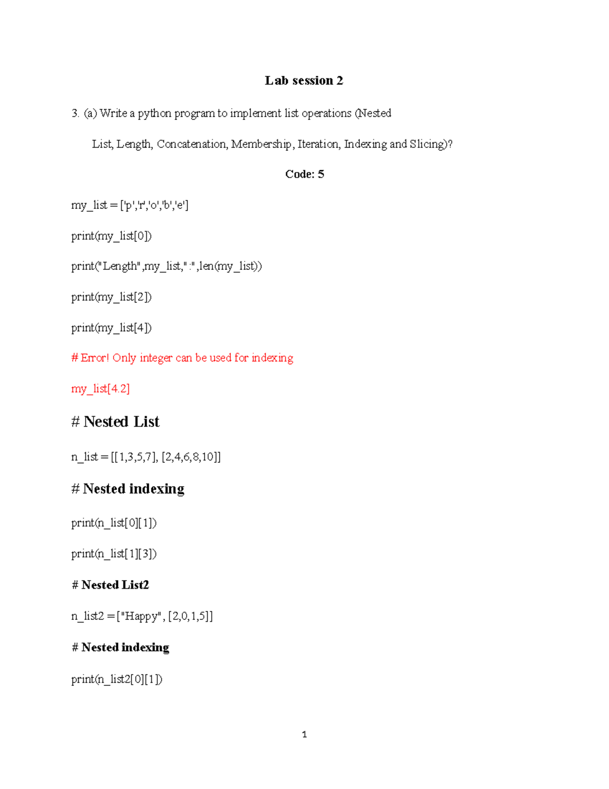 Lab session 2 - lab 2 - Lab session 2 3. (a) Write a python program to implement list operations ...