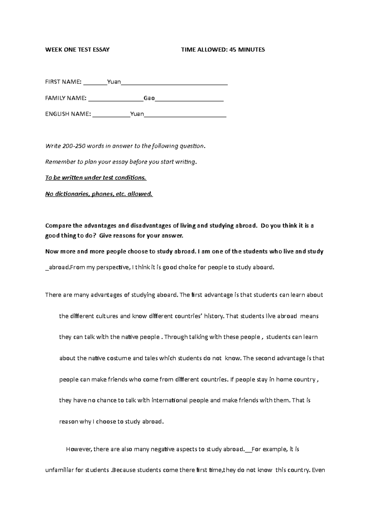 Diagnostic Writing Test - WEEK ONE TEST ESSAY TIME ALLOWED: 45 MINUTES ...