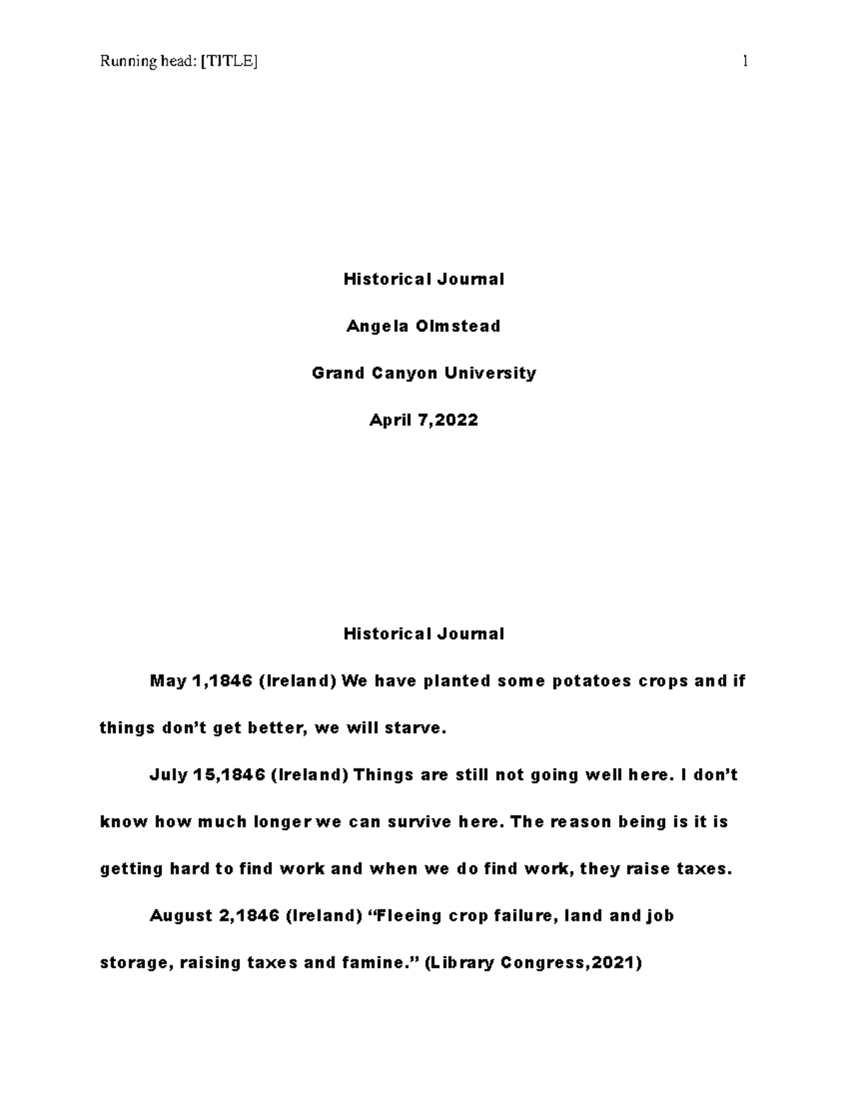 Historical Journal 2022 - Running head: [TITLE] 1 Historical Journal ...