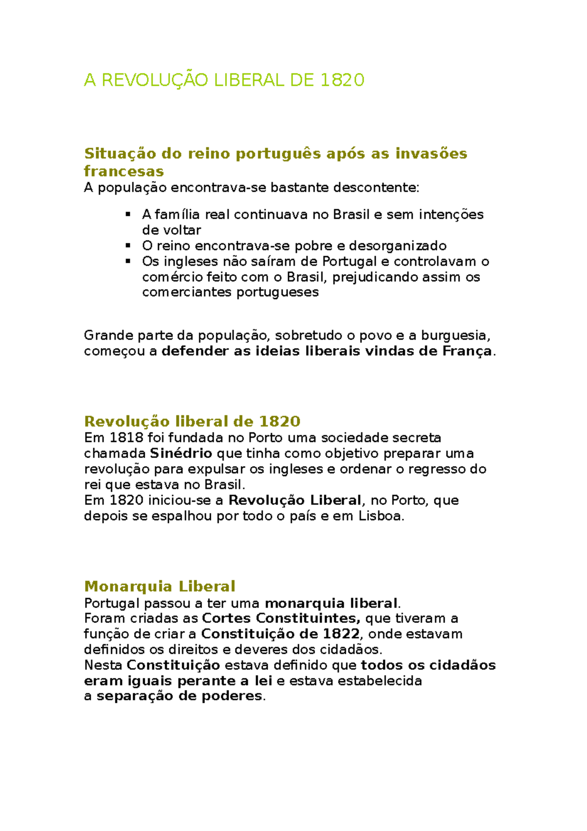 A Revolução Liberal DE 1820 - A REVOLUÇÃO LIBERAL DE 1820 Situação do ...