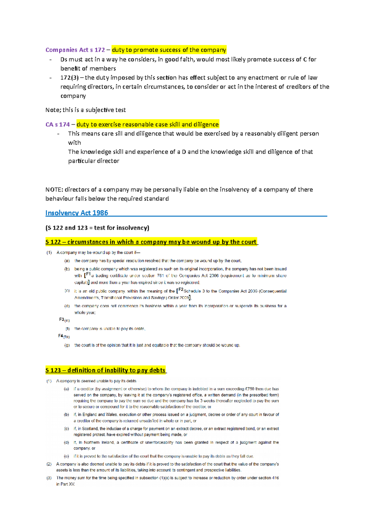 WS 12) corporate insolvency 1 - Companies Act s 172 – duty to promote ...