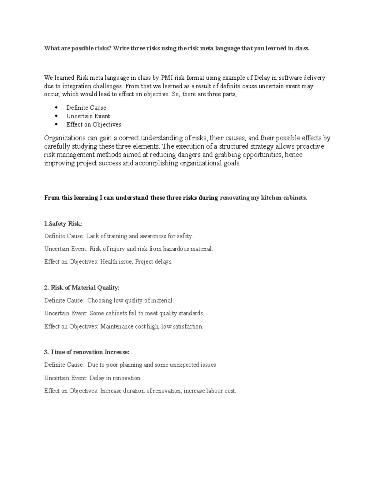 Siddharth ( 200 -Unit 2) - What are possible risks? Write three risks ...