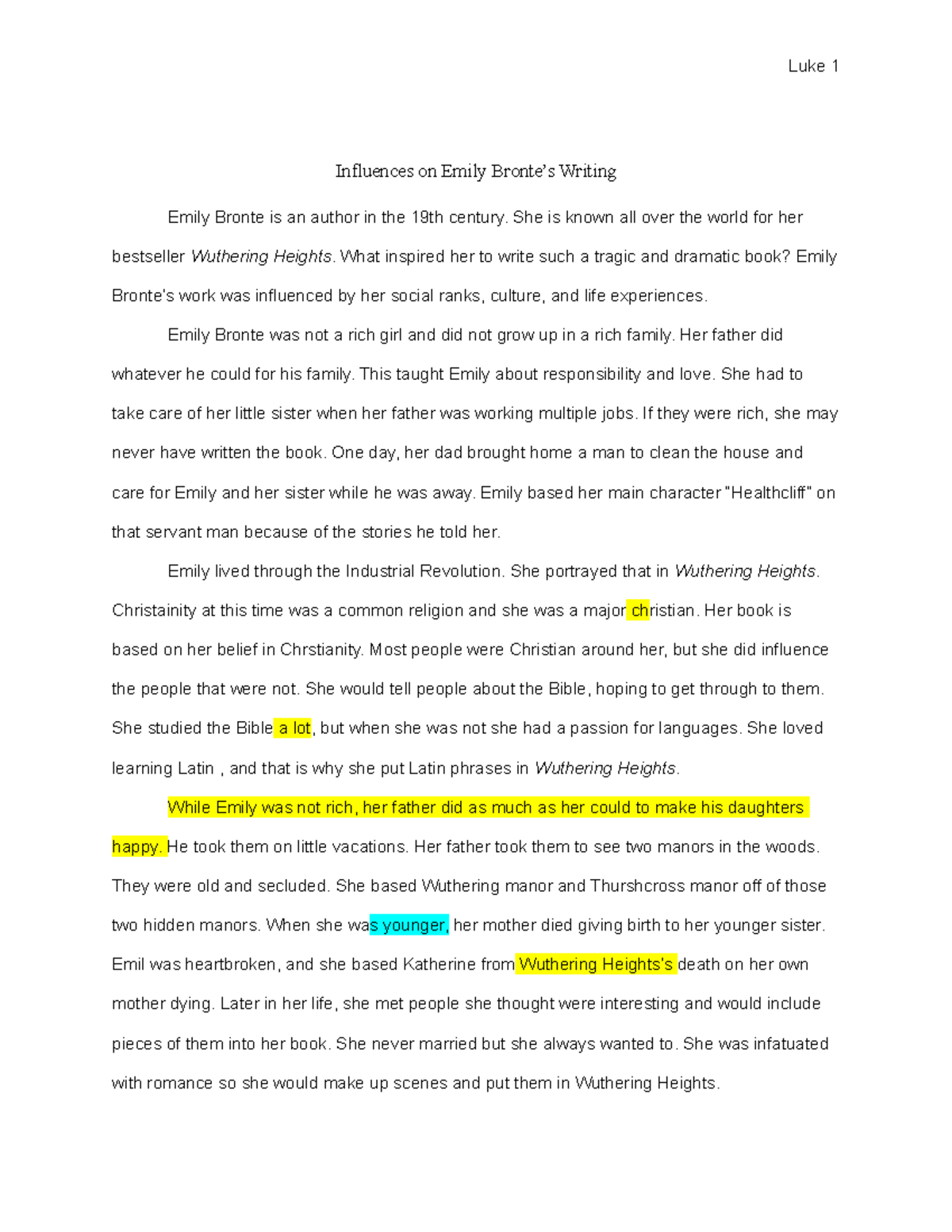 Emily Bronte Brooklyn Luke - Luke 1 Influences on Emily Bronte’s ...