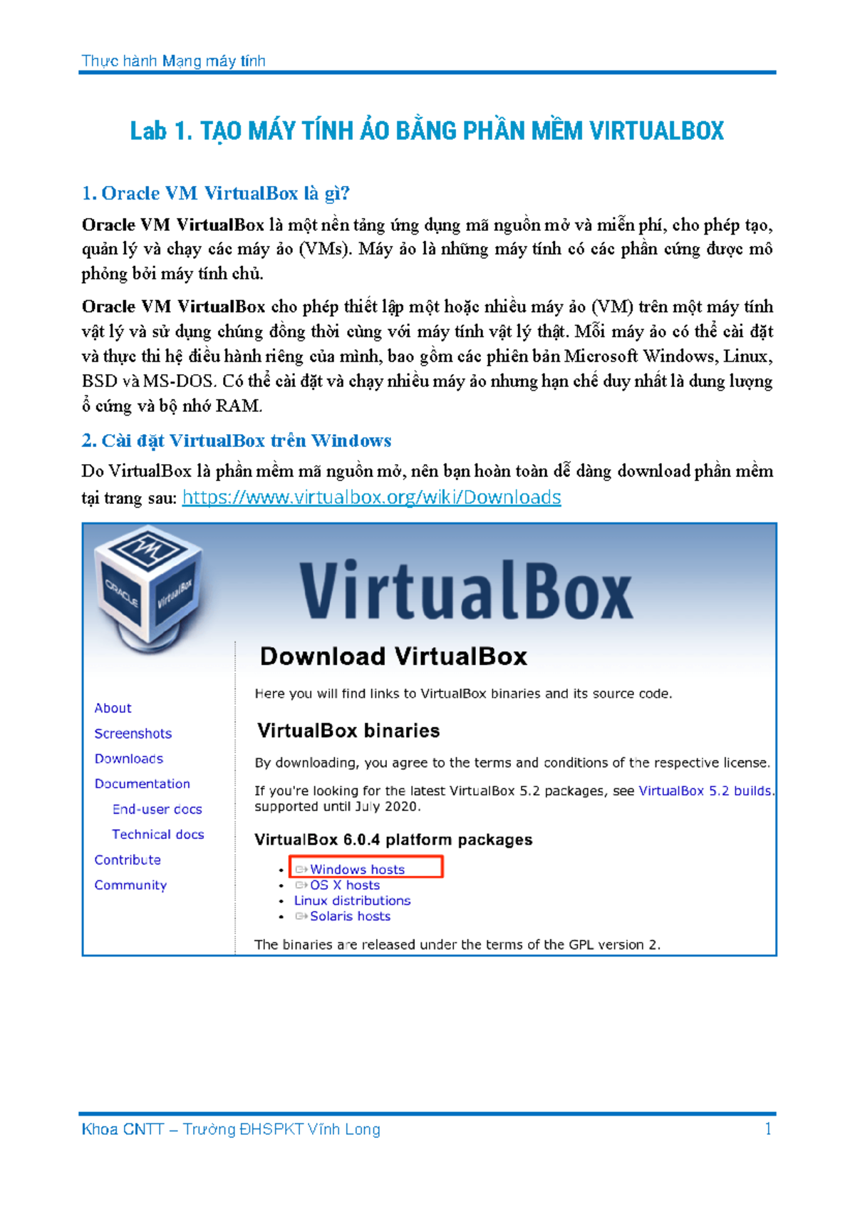 1. TAO MAY AO Virtual BOX - Lab 1. TẠO MÁY TÍNH ẢO BẰNG PHẦN MỀM VIRTUALBOX 1. Oracle VM ...
