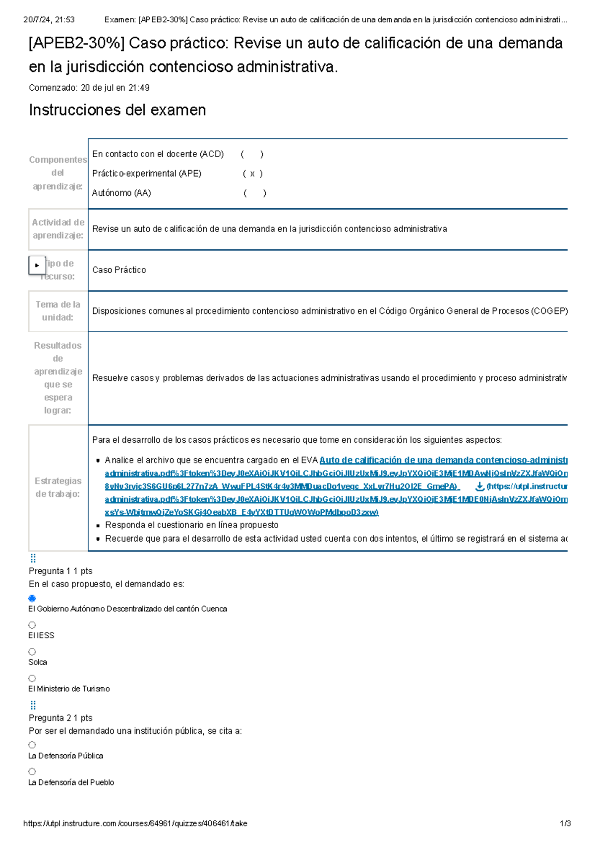 Examen [APEB 2-30%] Caso práctico Revise un auto de calificación de una demanda - [APEB2-30% ...