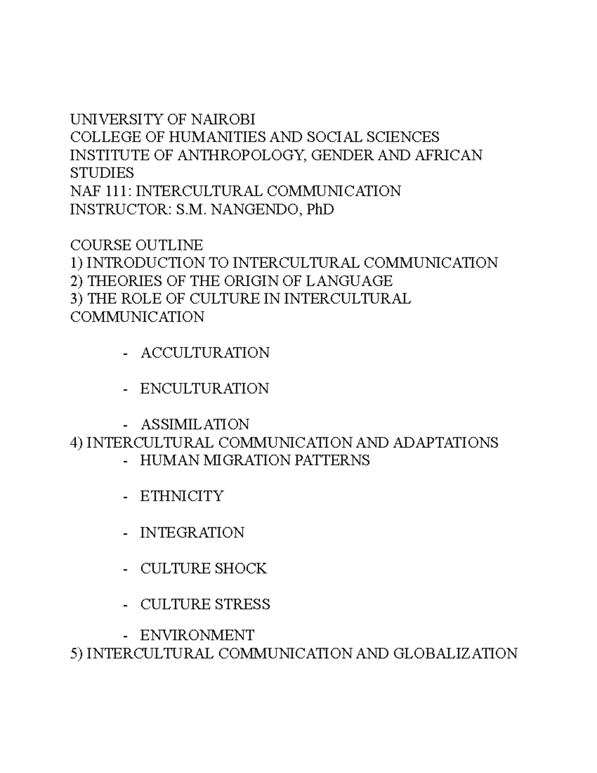 Course Outline NAF 111 - UNIVERSITY OF NAIROBI COLLEGE OF HUMANITIES ...