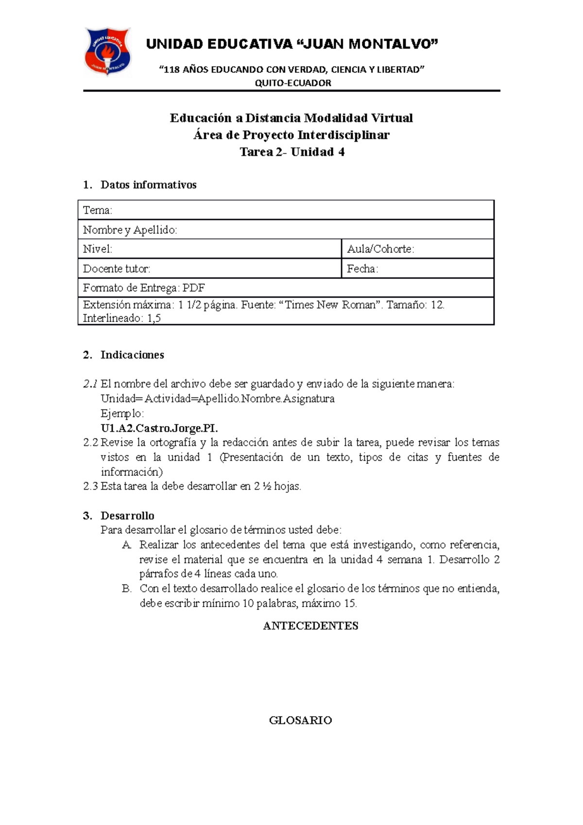 Tarea unidad 4 semana 2 Actual - UNIDAD EDUCATIVA “JUAN MONTALVO” “118 ...
