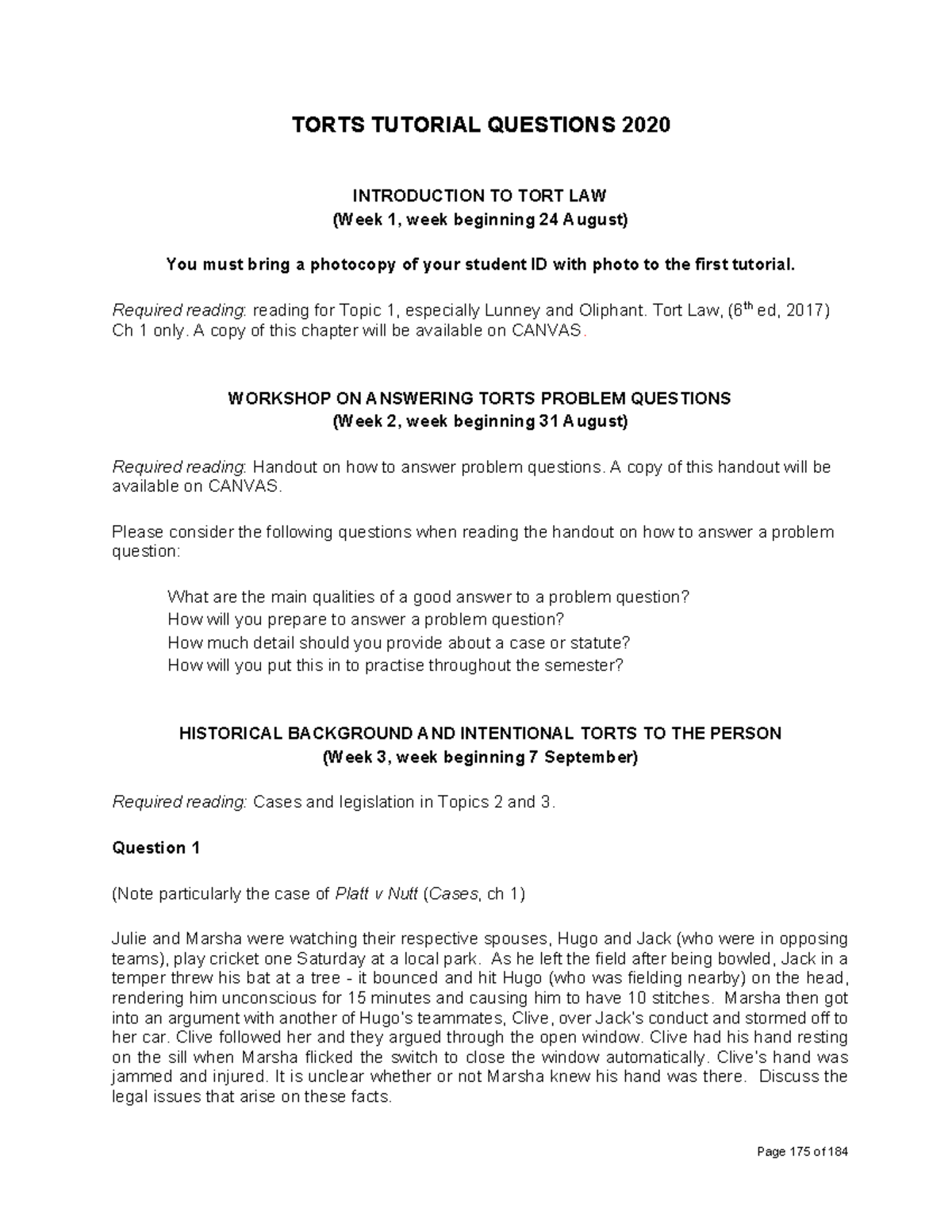 Torts Tutorial Questions - TORTS TUTORIAL QUESTIONS 20 20 INTRODUCTION ...
