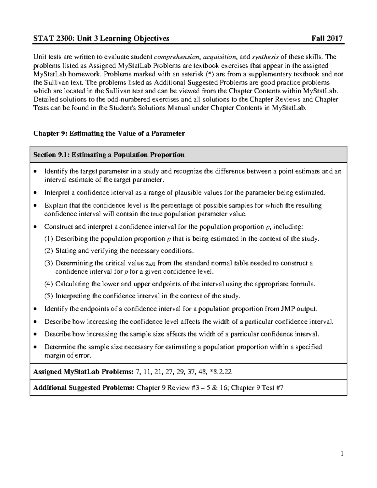 Unit 3 Learning Objectives - STAT 2300: Unit 3 Learning Objectives Fall ...