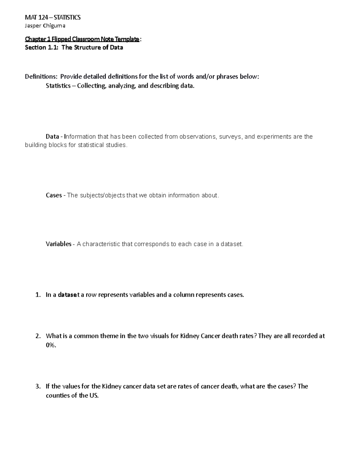 1.1 Flipped Notes - homework study. - MAT 124 – STATISTICS Jasper ...