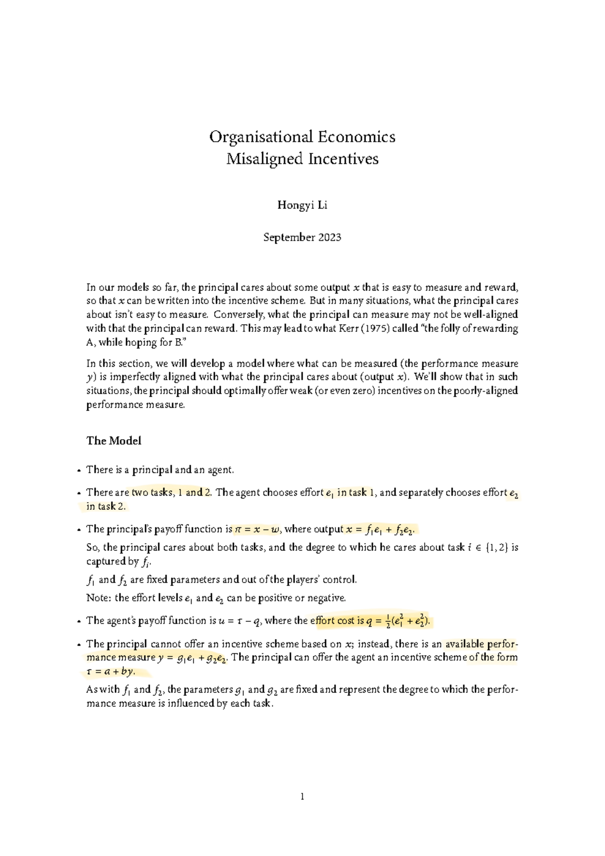 Lecture Notes - Misaligned Incentives 2 - Organisational Economics ...