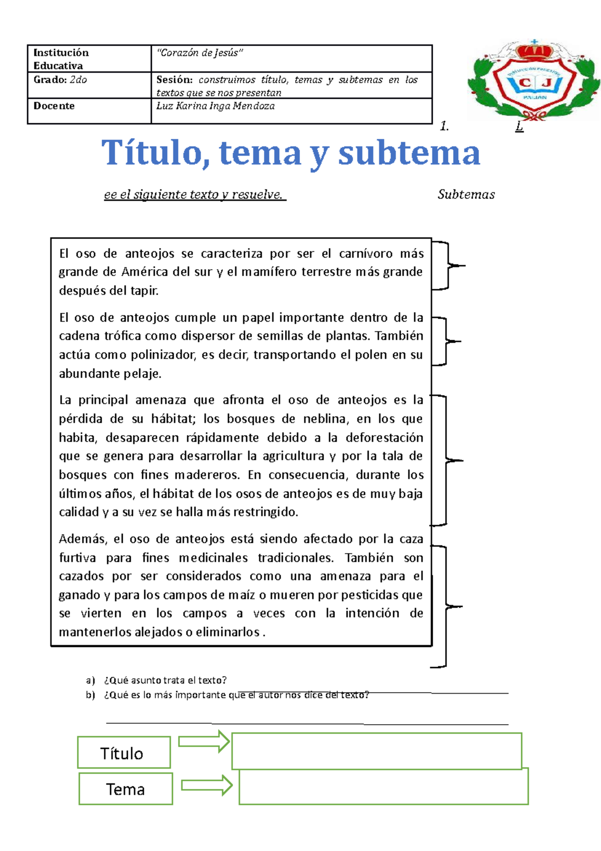 Tema subtema - DWDWDW - 1. L ee el siguiente texto y resuelve. Subtemas ...