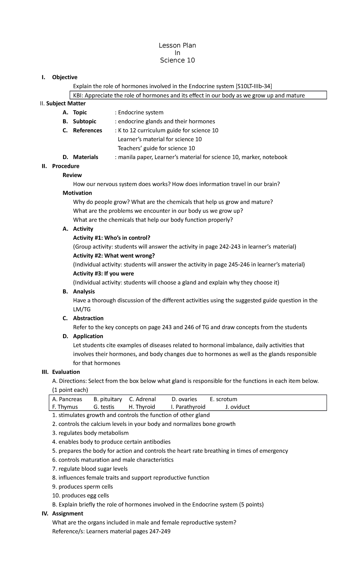 Hormones - lesson plan - Lesson Plan In Science 10 I. Objective Explain ...