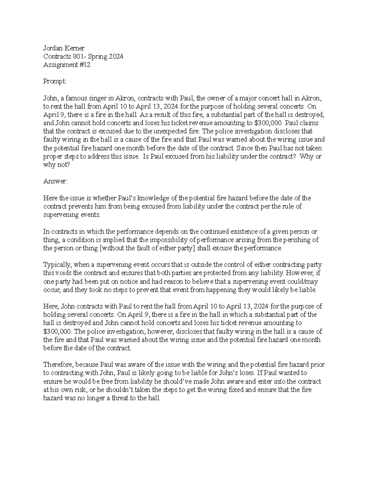 Assignment #12 - Supervening Events - Jordan Kerner Contracts 801 ...