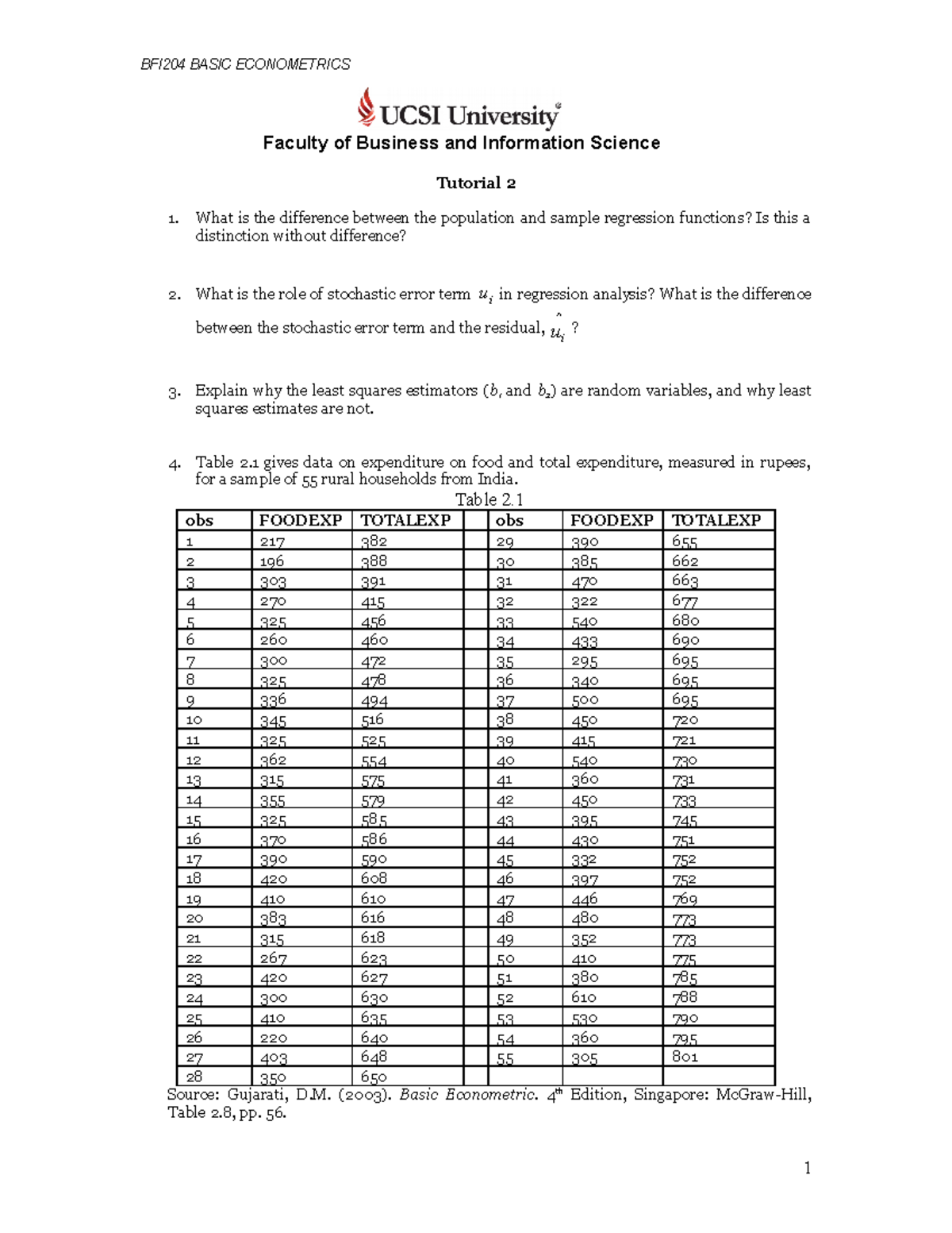 Tutorial 2 - BFI204 BASIC ECONOMETRICS Faculty of Business and Information Science Tutorial 2 ...