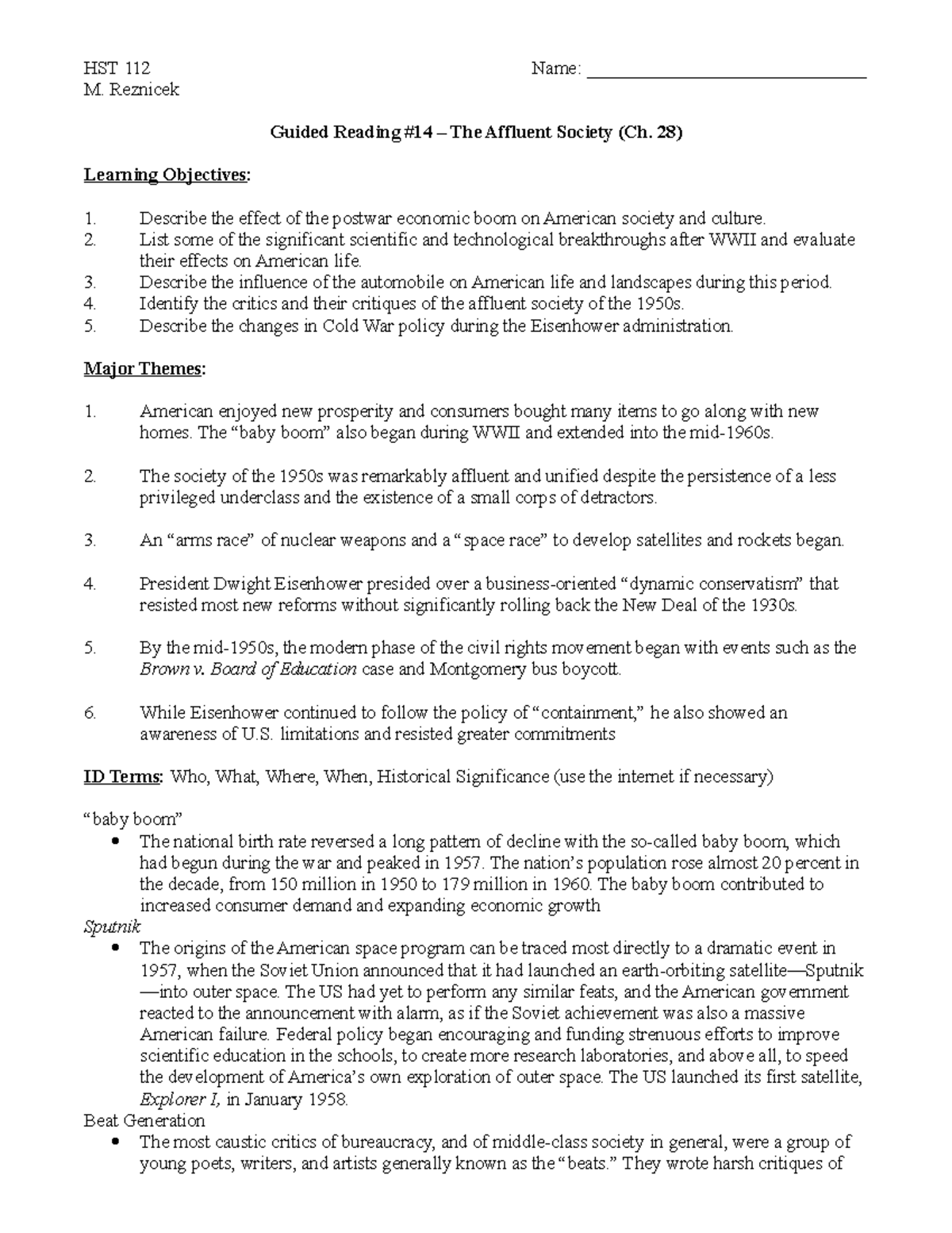 HST 112 - GR #14 - The Affluent Society (Ch 28) - HST 112 M. Reznicek ...