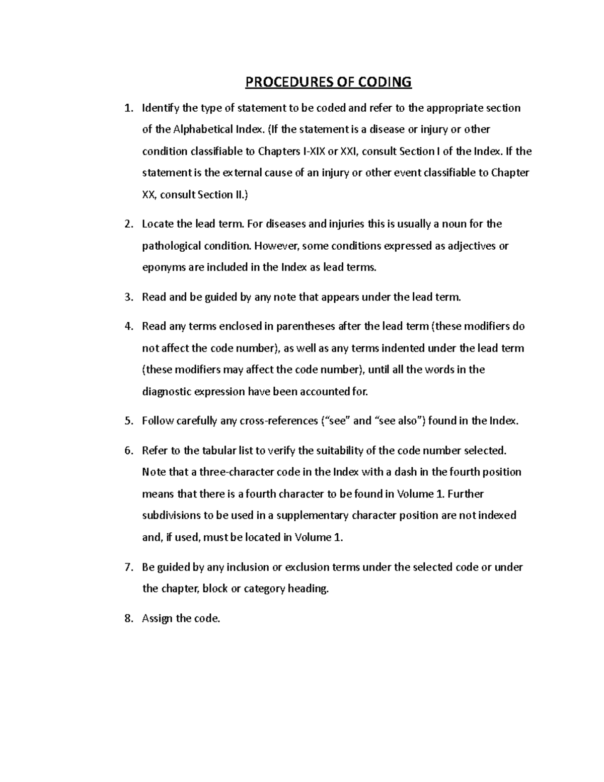 Procedures OF Coding - health records - PROCEDURES OF CODING 1 ...