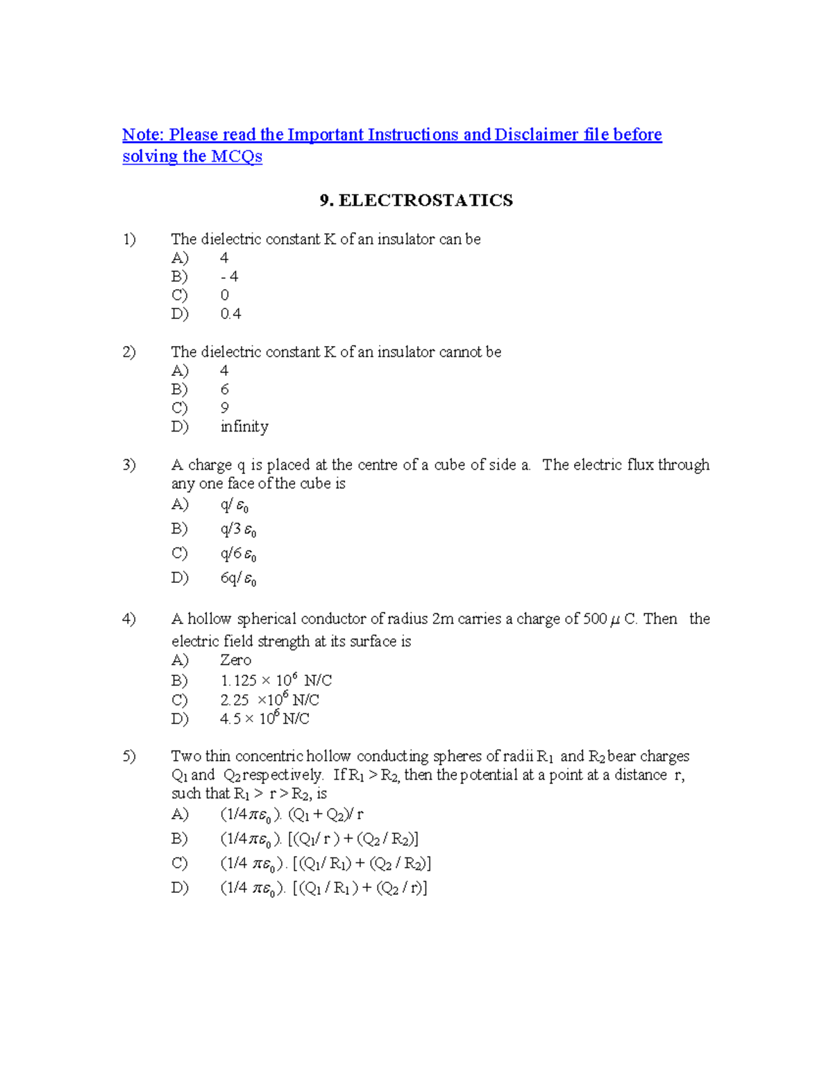 Electrostatics - Lecture notes - Note: Please read the Important ...
