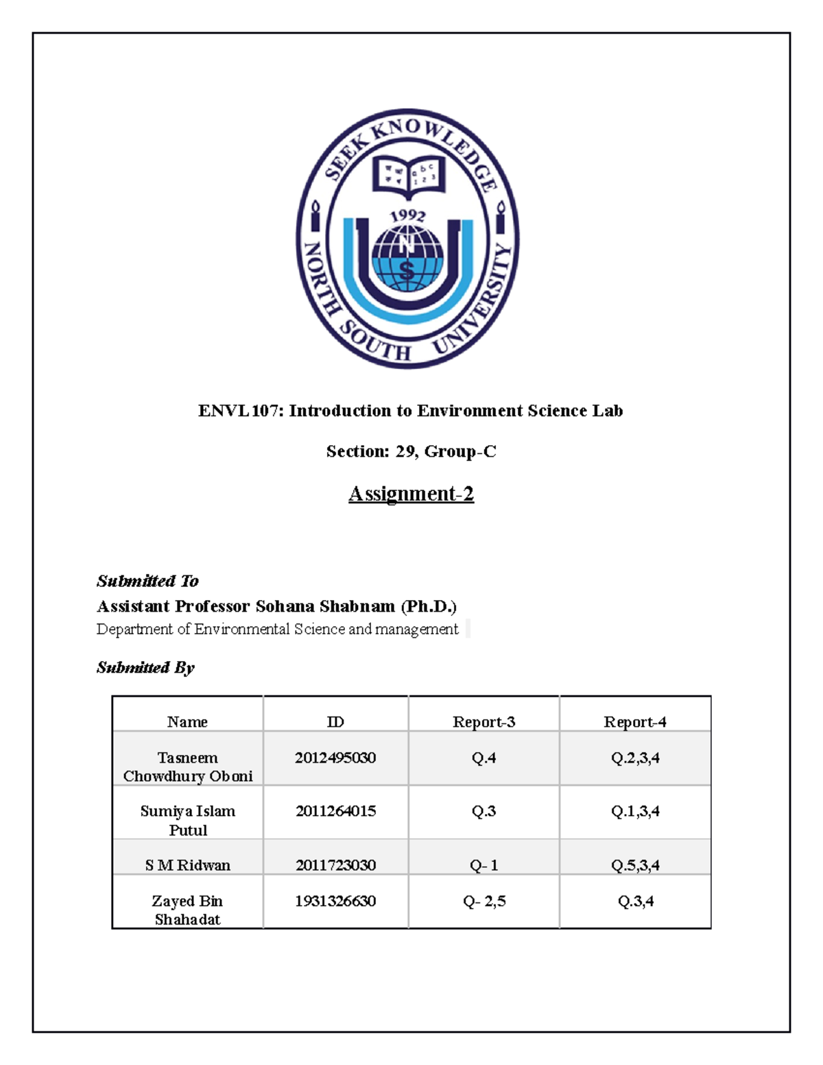 Assignment-2 - lab report - ENVL107: Introduction to Environment Science Lab Section: 29, Group ...