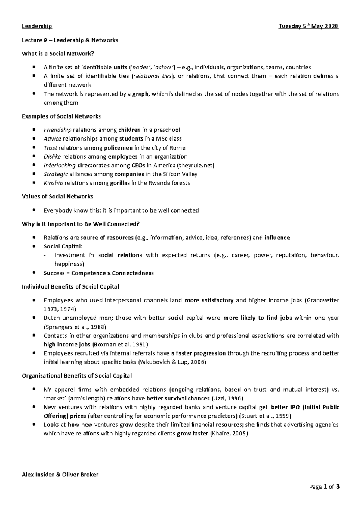 Leadership Lecture 9 Notes - Leadership Tuesday 5 th May 2020 Lecture 9 ...